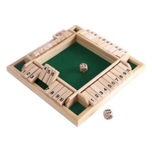 bouti1583 shut the box dice game,classic 4 sided wooden board game flip 10 numbers classic tabletop games for 2-4 player(green,8.8inch)