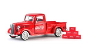 coca-cola 1937 ford pickup truck, 6 bottle carton accessories 1/24 diecast model car motorcity classics, 7-inch long, red, zinc