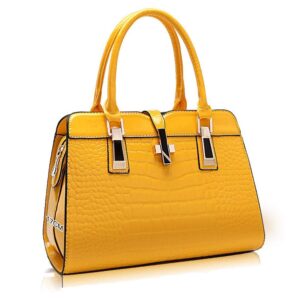 women’s tote top handle handbags crocodile pattern leather cross-body purse shoulder bags (yellow)