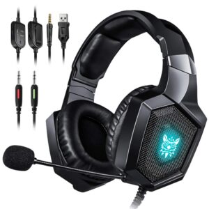 gaming headset for xbox with mic, oppsk gaming headset for ps4, pc surround sound over-ear headphones compatible with noise canceling, led light, soft memory earmuffs, volume control