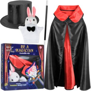 click n' play magician costume kids size, magician kit, halloween dress up & pretend play set complete with a magic set: magic hat, magic wand & rabbit magic tricks, magic kit for kids age 8-10