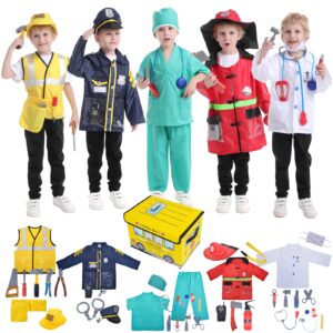 toptie 5 sets halloween kids costumes, dress up costumes with storage box for age 3-7, doctor fireman police surgeon worker