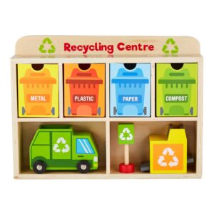 reduce & reuse recycling center playset | wooden green garbage truck toy, sorting bins, and accessories | safe, natural materials for environmental learning, fine motor skills, and play | 24 pieces