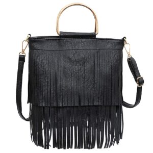 chic diary women's crossbody bag leather tassel shoulder handbag clutch purse (black)