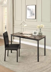 benjara marble writing desk with leatherette upholstered metal chair, black and brown