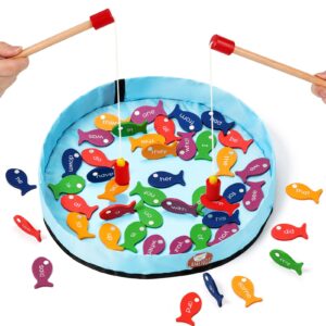 gamenote sight words wooden magnetic fishing game - 220 fish, phonic games for kids ages 3-9 pre k to 3rd grade, dolch sight words level 1 - level 5 educational brain games (220)