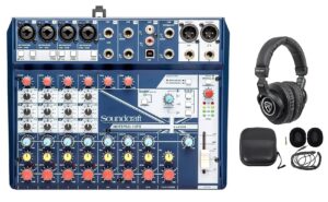 soundcraft notepad-12fx 12-channel mixer w/ 4x4 usb interface with lexicon effects bundle with rockville pro-m50 studio headphones w/ detachable coil cable, case with extra ear pad