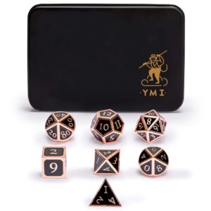 yellow mountain imports collector's 7 rose copper on black metal dice set with storage case, copper rose - for role playing games (rpg), dnd, mtg, and other dice games - made