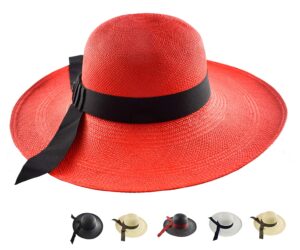 original panama hat - women's classy wide brim - toquilla straw - handmade in ecuador (medium | 56cm - 57cm, bright red)