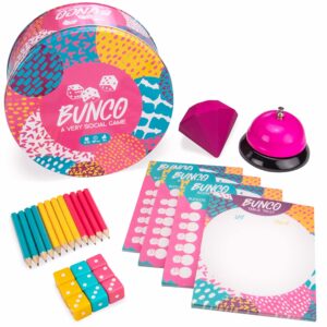 bunco: a very social game - 12-player party dice game includes dice, scorecards, pencils, bell, & squishy traveling jewel - family game night board games, party supplies, & fun activities