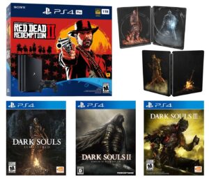 playstation 4 dark souls trilogy red dead bonus bundle: dark souls remastered, dark souls ii, dark souls iii, exclusive steel book, playstation 4 pro cuh-7215b 1tb console - black