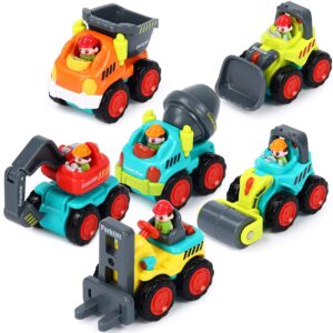 push & play vehicles for toddlers, kids, boys 6 pack friction powered action city construction engineering playset with mini bulldozer, excavator, dumper, cement mixer, forklift and road paver