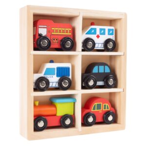 hey! play! wooden car playset-6-piece mini toy vehicle set with cars, police and fire trucks, train-pretend play fun for preschool boys and girls