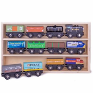 playtime express train set | 12-piece wooden train box | includes unique custom designs and classics: recycling transport, timber train, wheat car, coal train, oil tanker, and more