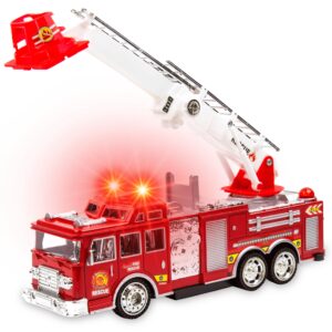 toysery fire truck toy with flashing lights & siren sounds for kids, extendable rotating ladder, bump and go action, role play toy for boys & girls, kid car toy trucks, ages 3-7+