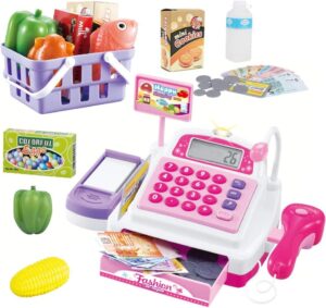 sotodik cash register pretend play supermarket shop toys with calculator ,working scanner,credit card ,play food ,money and more(color may random)