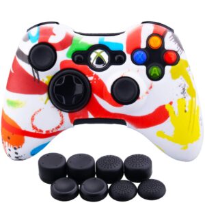 9cdeer 1 piece of silicone water transfer protective sleeve case cover skin + 8 thumb grips analog caps for xbox 360 controller, leaves red