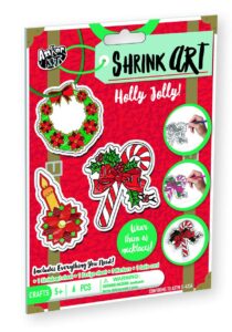 shrink art for christmas diy easy craft activity kit for kids best stocking stuffer or gift idea for holidays! make xmas ornaments, keychains or necklace (holly jolly)