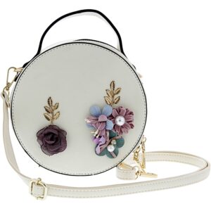 5th elm floral round crossbody purse, adjustable, removable strap, delicate detail - white