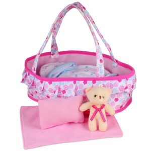 baby doll cradle bassinet portable doll carrier carry bag doll bed,baby doll accessories playset,with doll clothes soft pillow quilt blanket bear,for 8-9-10-11-12 inch smaller alive baby doll