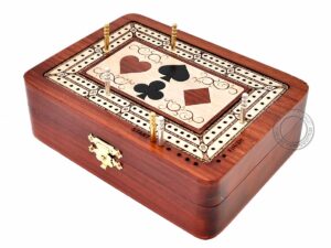 house of cribbage - 2 track - wooden cribbage board/box - inlaid in bloodwood/maple wood - storage for pegs & one deck of cards - 60 points - non continuous