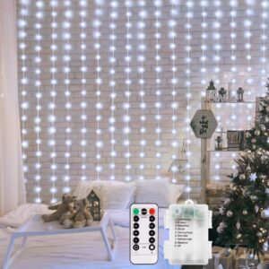 echosari battery operated curtain string lights, 6.6×6.6ft 200 led curtain lights with remote 8 modes timer waterproof for outdoor indoor wedding backdrops bedroom (cool white)