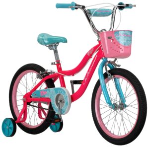 schwinn koen & elm bmx style toddler and kids bike, for girls and boys, 18-inch wheels, with training wheels, chain guard, and front basket, recommended height 42-52 inch, pink