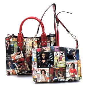 glossy magazine cover collage crossbody bag purses michelle obama mini handbag 3pcs set (multi/red)