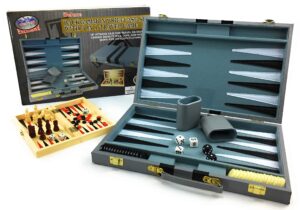 matty's toy stop deluxe 15" backgammon briefcase (vinyl gray attache) with 3-in-1 chess, checkers & backgammon wooden travel games set (8")