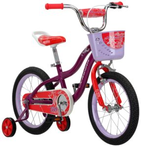 schwinn koen & elm bmx style toddler and kids bike, for girls and boys, 16-inch wheels, with saddle handle, training wheels, chain guard, and front basket, recommended height 38-48 inch, purple