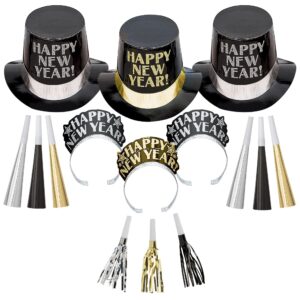 amscan midnight elegance black, gold and silver 2025 new year's eve party decorations supplies for 10, includes top hats and tiaras