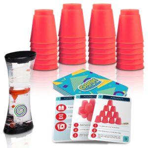 gamie stacking cups game with 18 fun challenges and water timer, 24 stacking cups, sturdy plastic, classic family game, idea for boys and girls ages 3+ olds, tons of fun