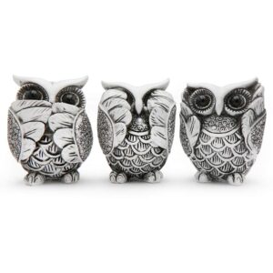 owl statue home décor owls figurine family set of 3 cute owl lovers black & white gifts for mom, zen mood gifts, see hear speak no evil, nice home office decoration, positive vibes