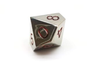 koplow games single d10 20mm numbered 0 to 9 metal die - silver with red numbers