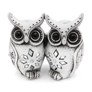 rockin owl figurine couple set cute statue, unique 2 white owls together - nice decoration for home office, white/black