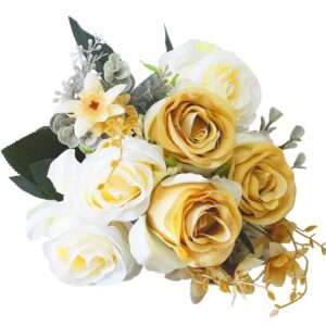 sunlightam artificial flowers, budding fake flowers 9 heads silk roses bridal home garden office dining table wedding decor (white+gold)