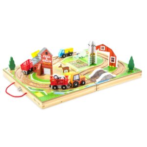 melissa & doug 17-piece wooden tabletop farm playset with 4 vehicles, grain house & play pieces - pretend barnyard toy for toddlers ages 1+