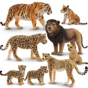 toymany 8pcs 2-5" plastic jungle animals figures playset includes baby animals, realistic lion, tiger, cheetah, leopard figurines with cubs, cake toppers christmas birthday toy gift for kids toddlers