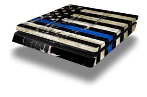 vinyl decal skin wrap compatible with sony playstation 4 slim console painted faded cracked blue line stripe usa american flag (ps4 not included)