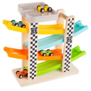 hey! play! toy race track and racecar set- wooden car racer with 4 colorful cars with moving wheels, ramps- fun cars set for boys and girls , brown