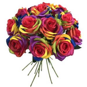 bellausa 15 pcs rainbow roses silk artificial rose flowers home decorations for wedding party or birthday garden bridal bouquet flower saint party event (rainbow rose)