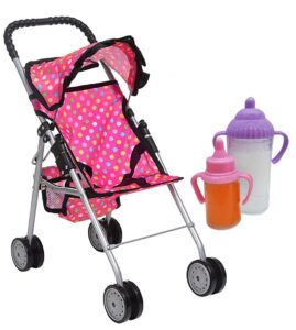 fash n kolor - my first baby doll stroller - pink polka dot doll stroller with basket- soft grib handle. foldable with hood toy doll pram baby doll accessories. with 2 free bonus doll bottles included