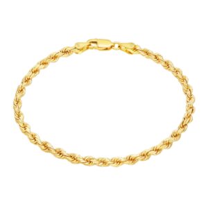 nuragold 14k yellow gold 3mm rope chain diamond cut bracelet or anklet, mens womens jewelry 7" 7.5" 8" 8.5" 9"