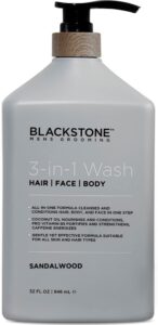 blackstone 3-in-1 wash for men | cleanse & condition hair, body, & face | all skin & hair types | coconut oil & vitamin b5 - sandalwood (32 ounces)