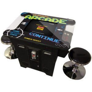 creative arcades full-size commercial grade cocktail arcade machine | trackball | 412 classic games | 2 sanwa joysticks | 2 stools included | 3-year warranty | square glass top