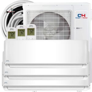 cooper & hunter 28,000 btu tri 3 zone 9,000 + 12,000 + 12,000 btu, 24.6 seer2, 230v, multi zone wall mount ductless mini split air conditioner heat pump full set with 25ft installation kits