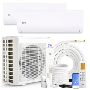 cooper & hunter 18,000 btu dual 2 zone 12,000 + 12,000 btu wall mount ductless mini split ac/heating system, pre-charged, 22.5 seer, including 25ft copper line set and communication wires