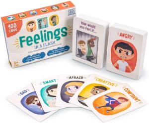 feelings in a flash - emotional intelligence flashcard game - toddlers & special needs children - teaching empathy activities, coping & social skills - 50 scenario cards, 50 reaction faces