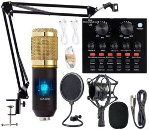 kokitea podcast equipment bundle, bm-800 mic kit with live sound card, adjustable mic suspension scissor arm, metal shock mount and double-layer pop filter for studio recording & broadcasting