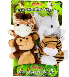 hand puppets for kids, set of 4 plush safari animals hand puppet toys for boys and girls, a giraffe, elephant, tiger, monkey, perfect for storytelling, teaching, preschool, role-play